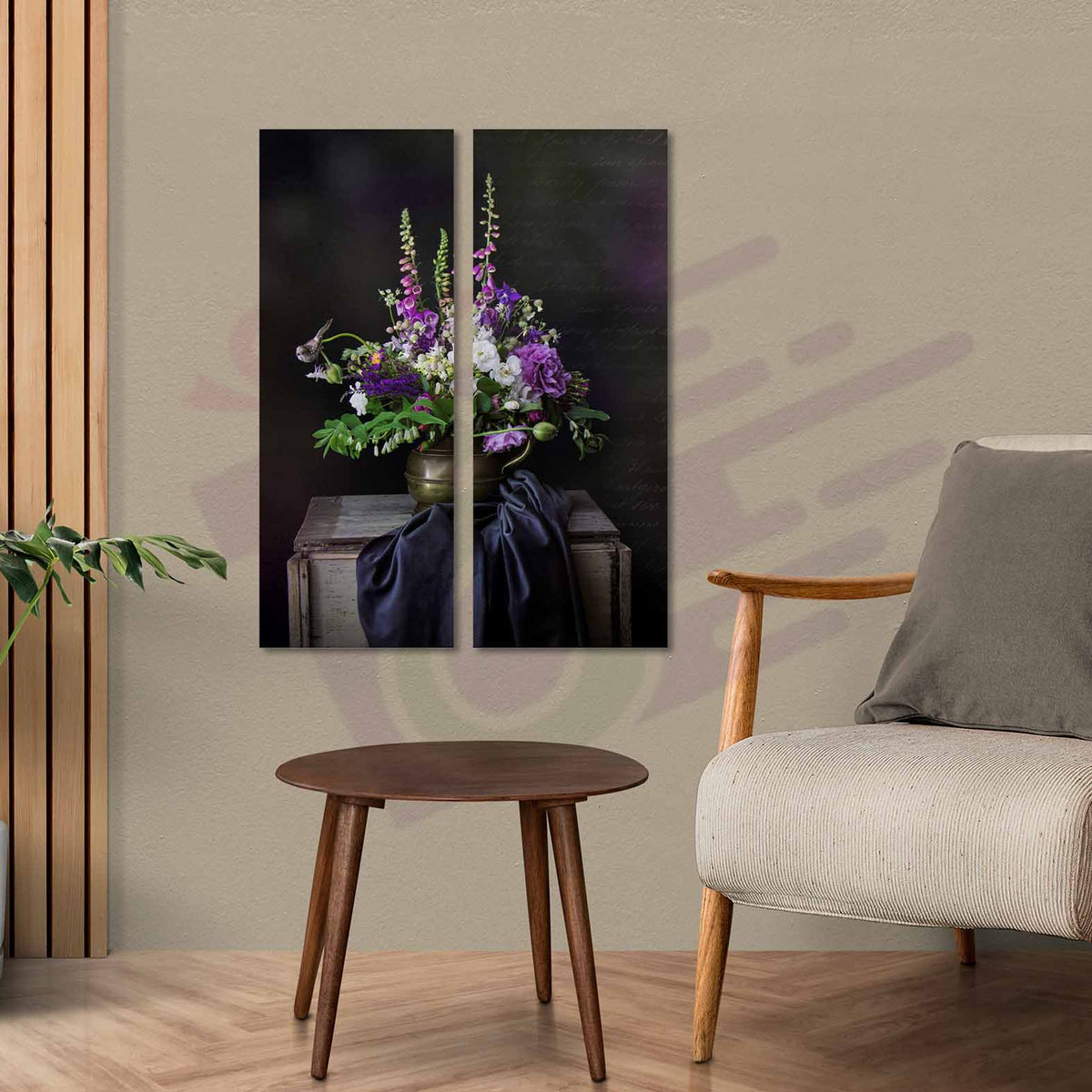 Purple flowers in vase tableau – 5ouza3balat